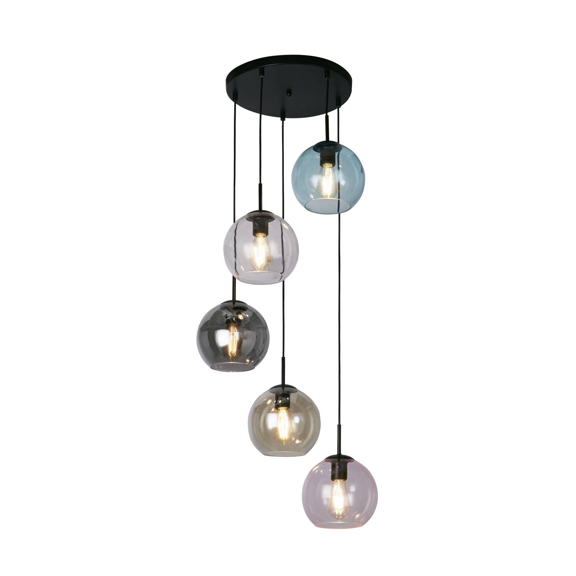 Searchlight Mardi Gras 5 Light Pendant 94005-5BK Black and Coloured Glass - Tiah Lighting